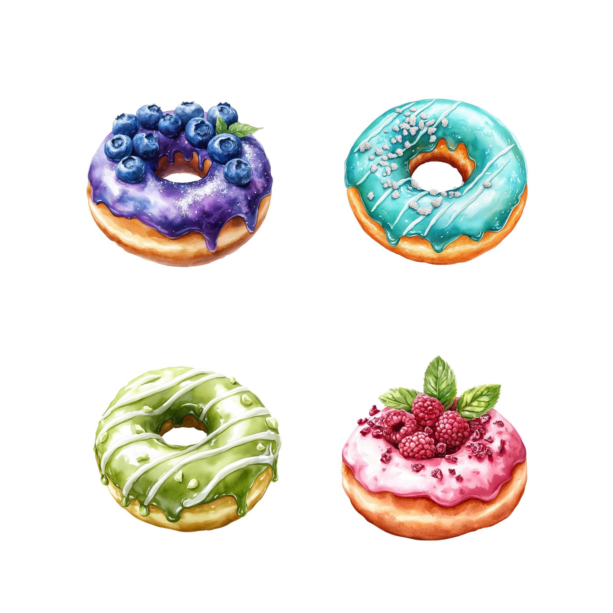 Frosted Donut Watercolor Clipart Set, Yummy Donut 55 PNG Illustrations ...
