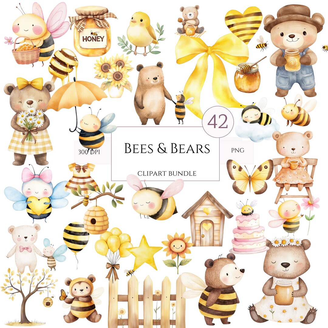 Whimsical Bear and Bee Watercolor Clipart, Cute Honey, Tree & Flower 42 ...