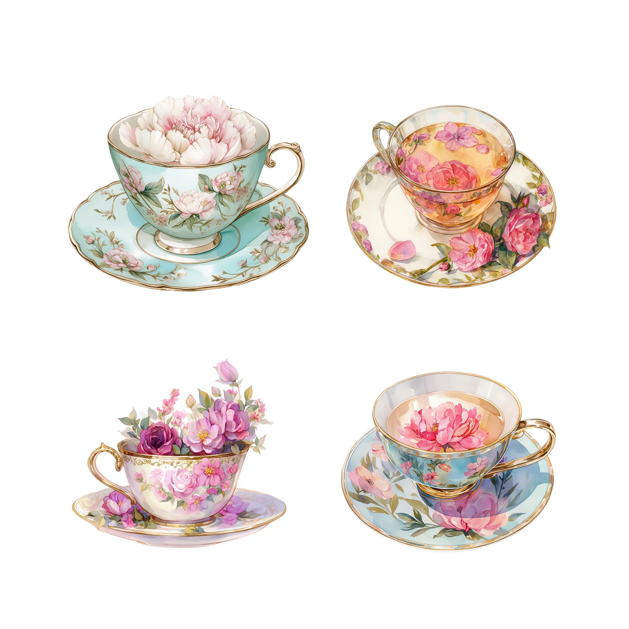 70 Floral Tea Cup Clipart, Floral Tea Set, Printable Watercolor Clipart ...