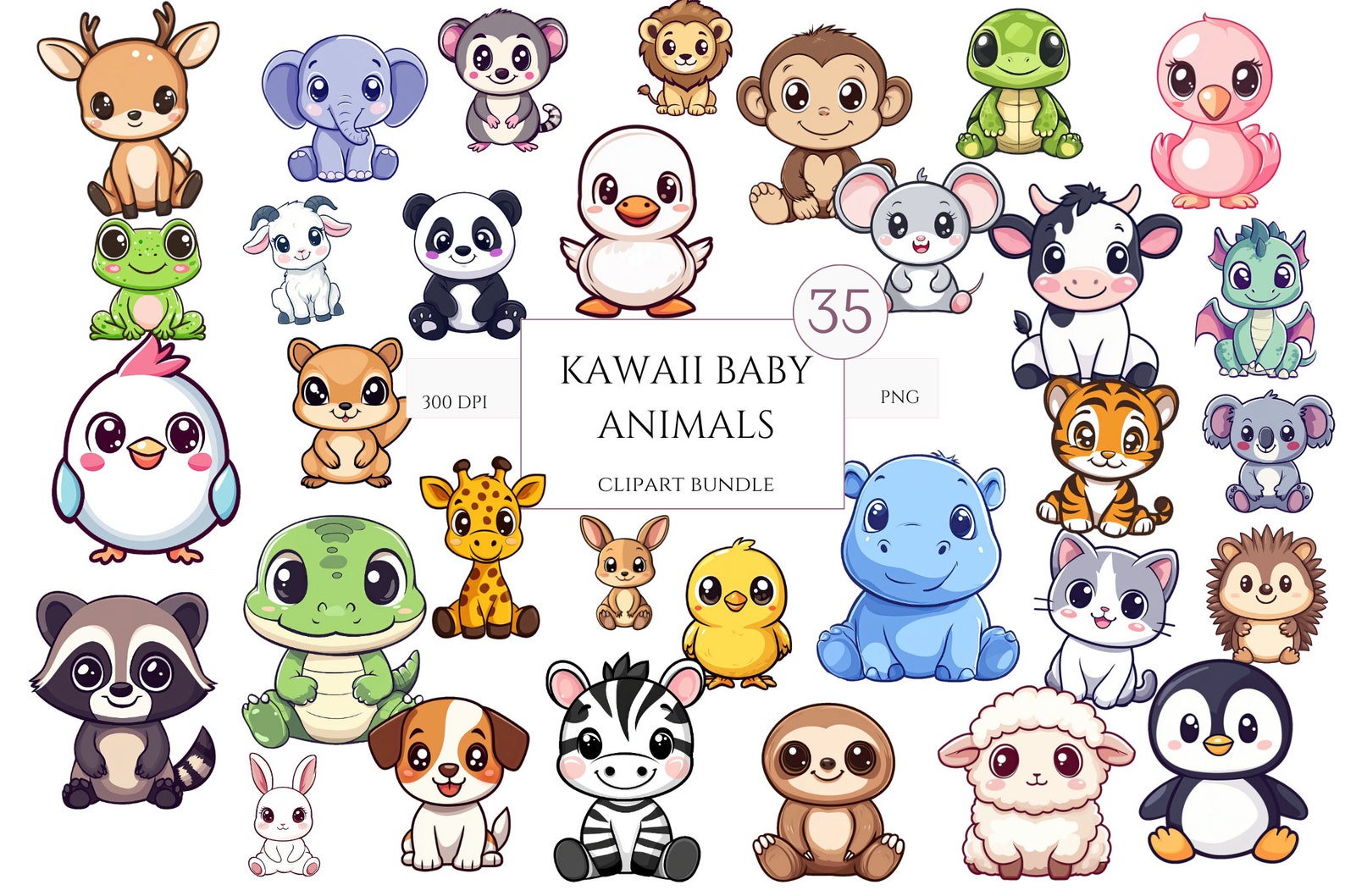 Kawaii Forest, Farm and Safari Animals - 35 PNG Bundle Adorable Baby ...