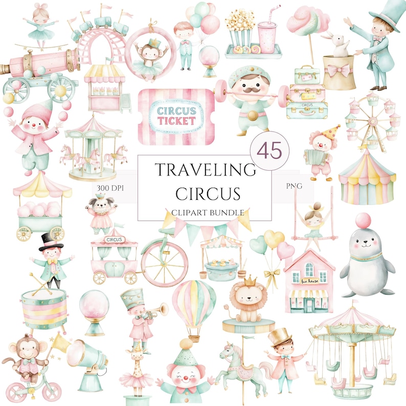 Watercolor Traveling Circus Clipart Bundle, Pastel Carnival Animals ...