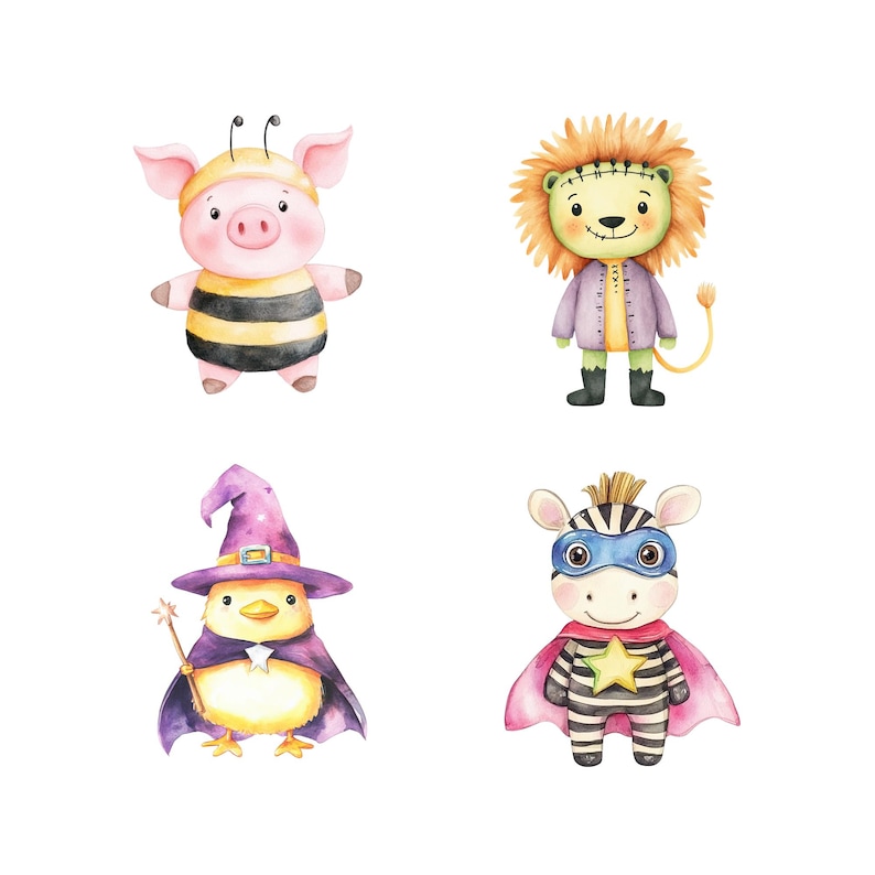 Watercolor Halloween Animals Clipart, Cute Baby Creatures in Costumes ...