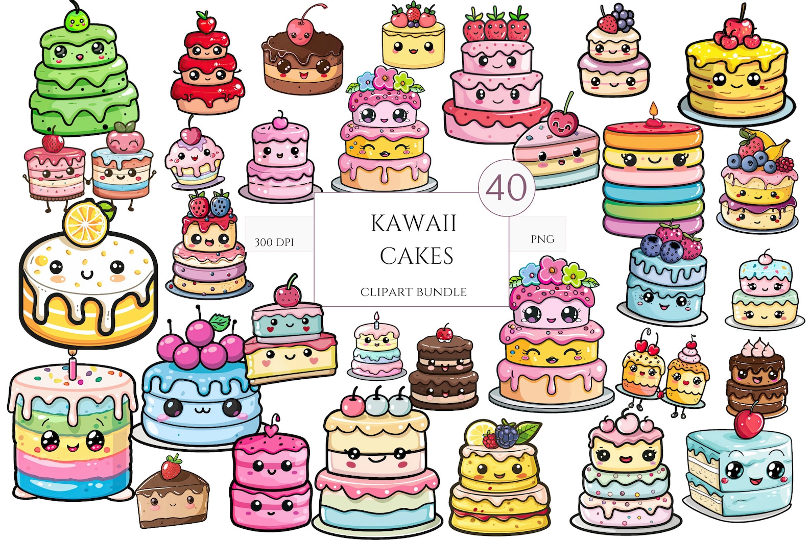 Kawaii Cute Cake Clipart Bundle - 40 PNG Bundle Adorable Cakes Clipart ...