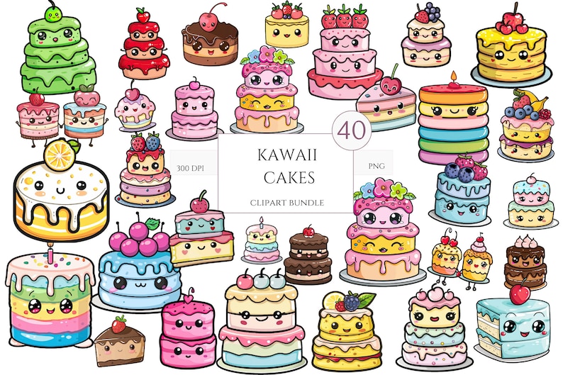 Kawaii Cute Cake Clipart Bundle - 40 PNG Bundle Adorable Cakes Clipart ...