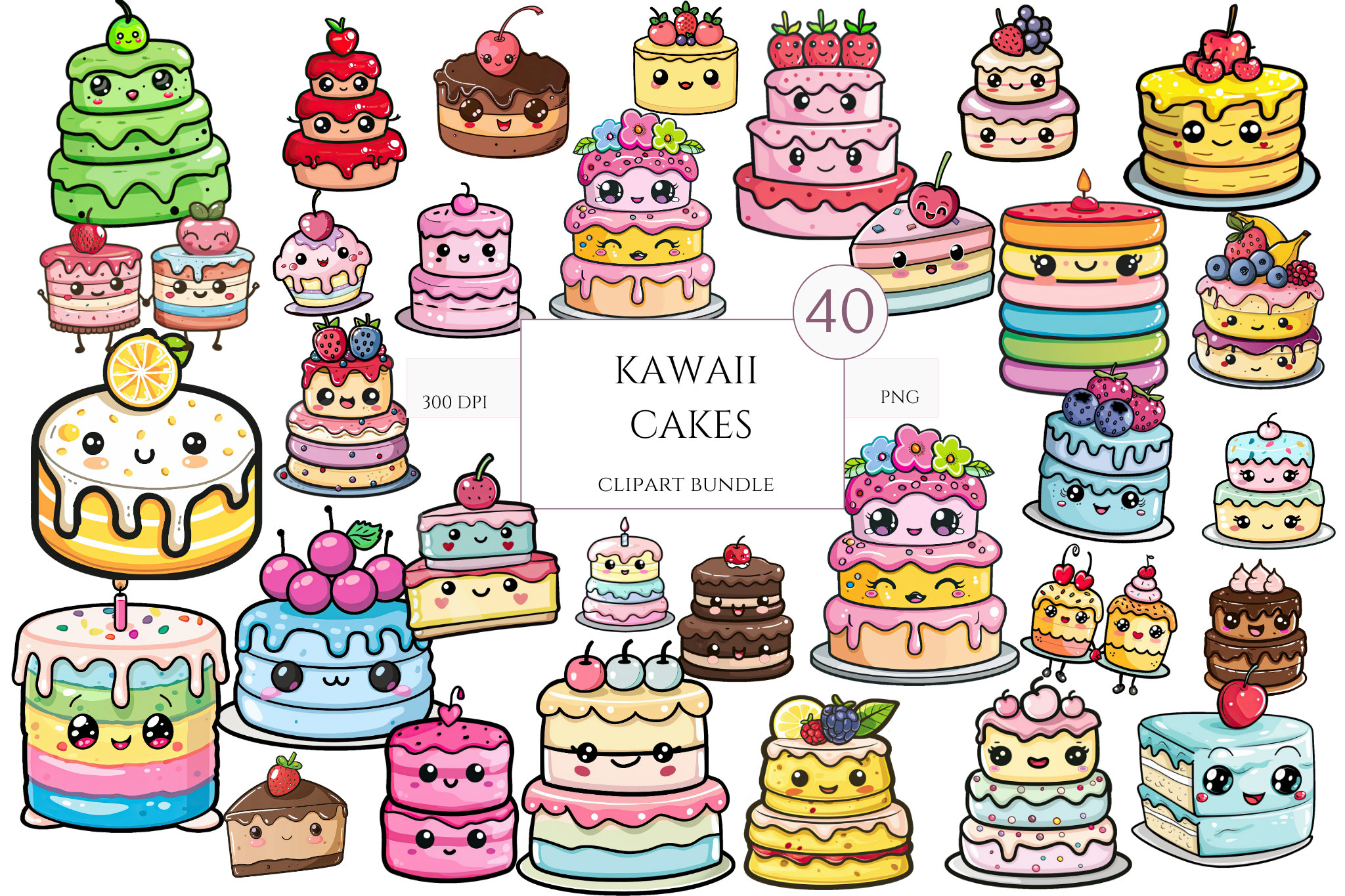 Kawaii Cute Cake Clipart Bundle - 40 PNG Bundle Adorable Cakes Clipart ...