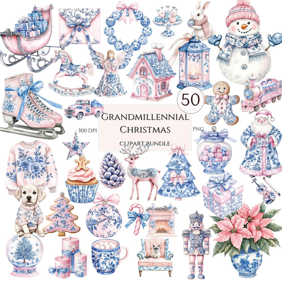 Grandmillennial Christmas Clipart: Preppy Toile Gingerbread, Nutcracker ...