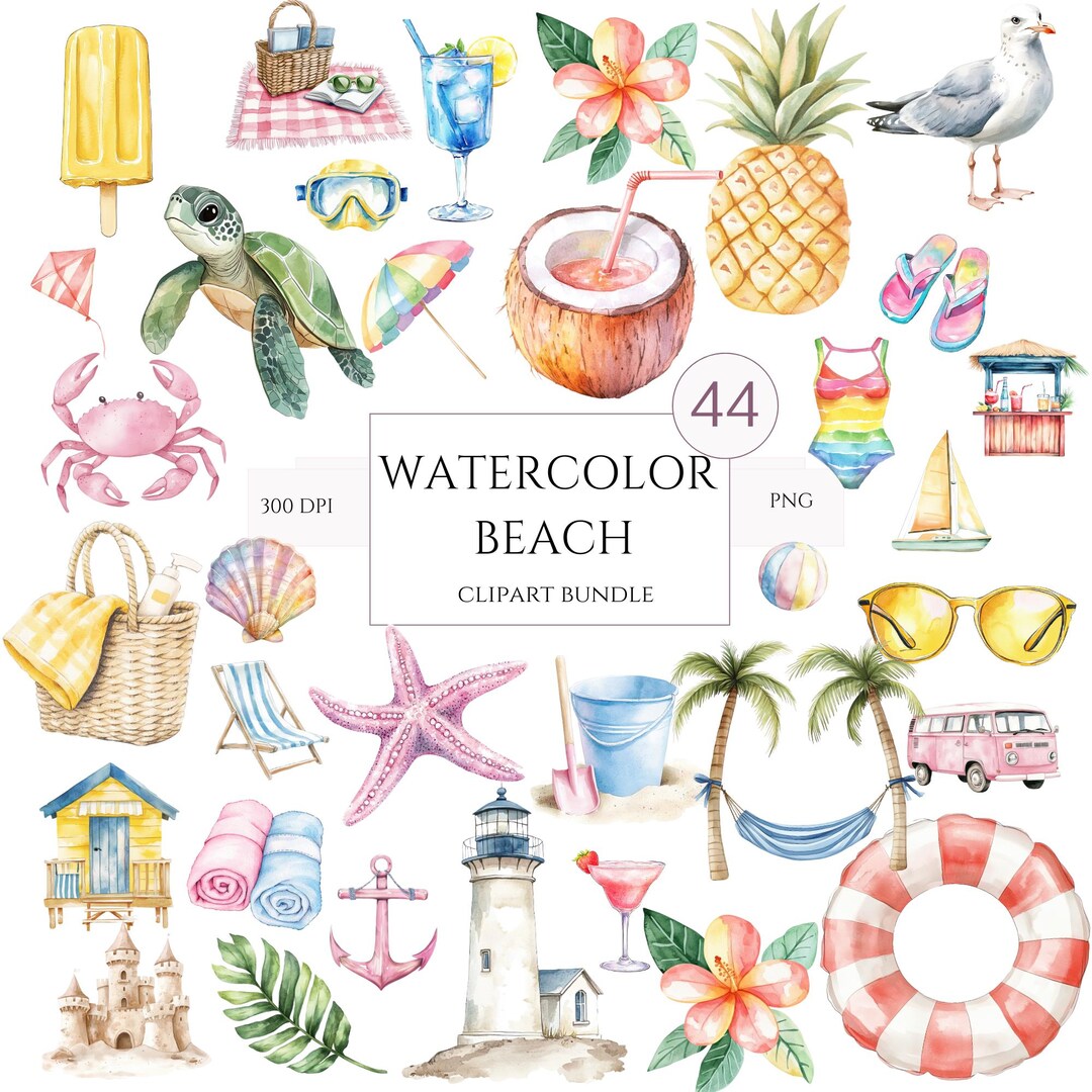 Watercolor Beach Clipart Bundle, Summer Vacation, Tropical Travel ...