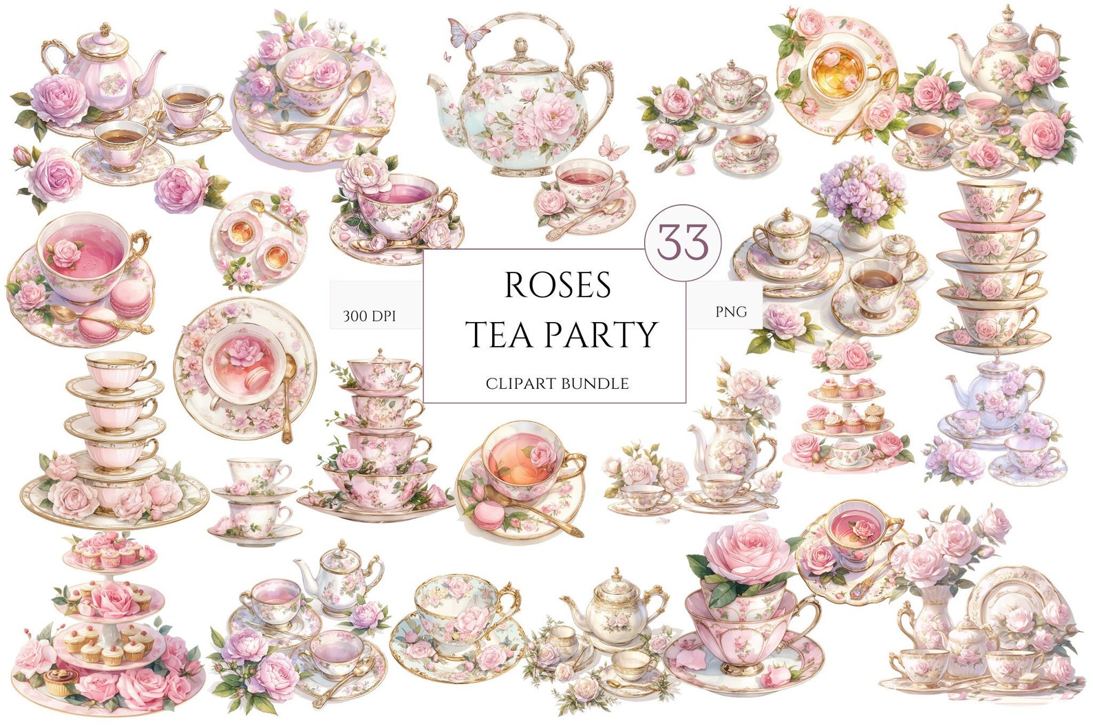 33 PNG Watercolor Vintage Roses Tea Time Clipart, Pastel Tea Clipart ...