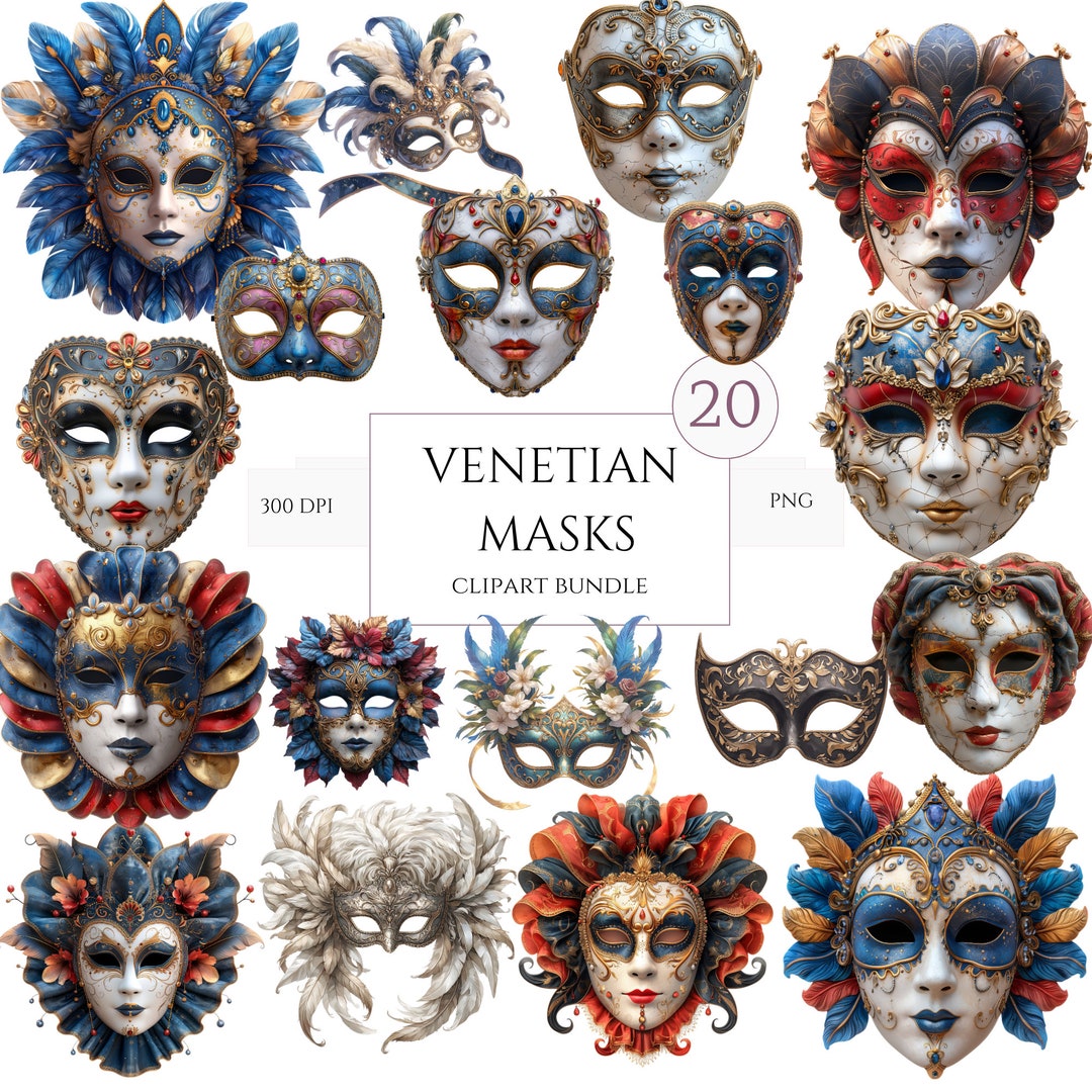 Vintage Venetian Masks Clipart Collection, 21 Watercolor Pngs, Italian ...