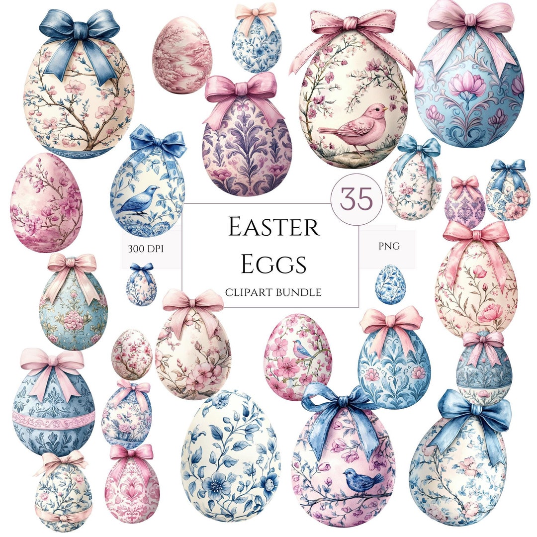 Easter Egg Clipart, Toile Easter 35 PNG, Preppy Easter Eggs, Blue and ...
