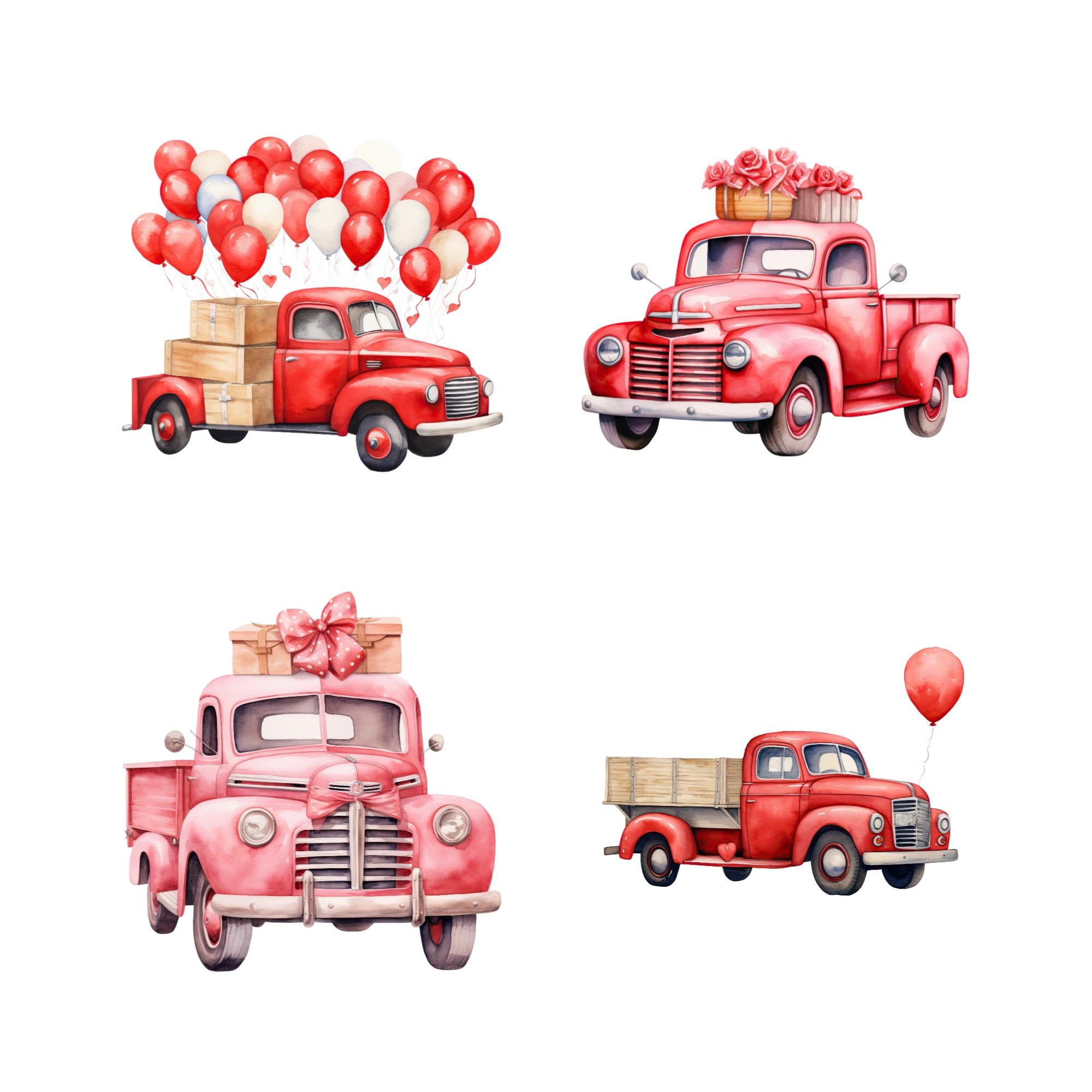 Valentine Truck Clipart Bundle, Watercolor Happy Valentine's Day Decor ...