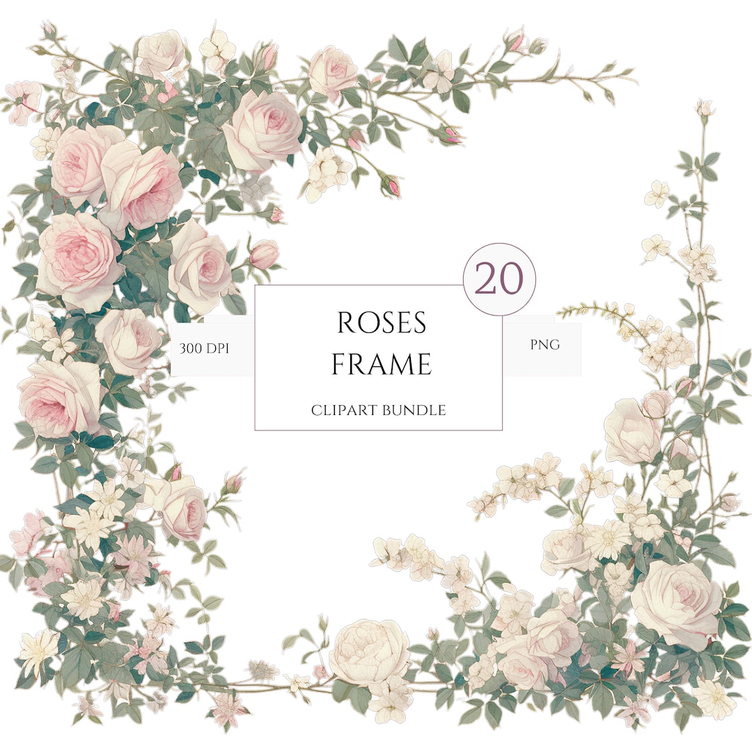 Set of 20, Pink and White Roses Frame Watercolor, Floral Frame Clipart ...