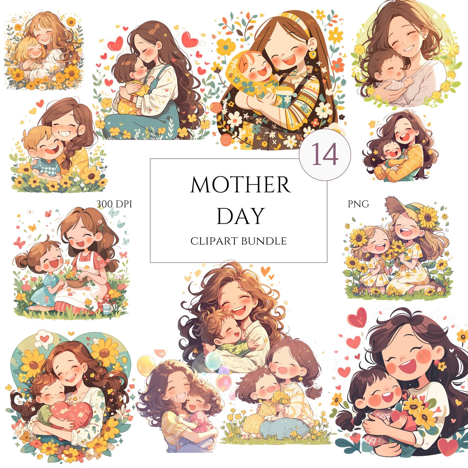 14 Mother and Daughter Clipart, Mother's Day Card, Printable Watercolor ...