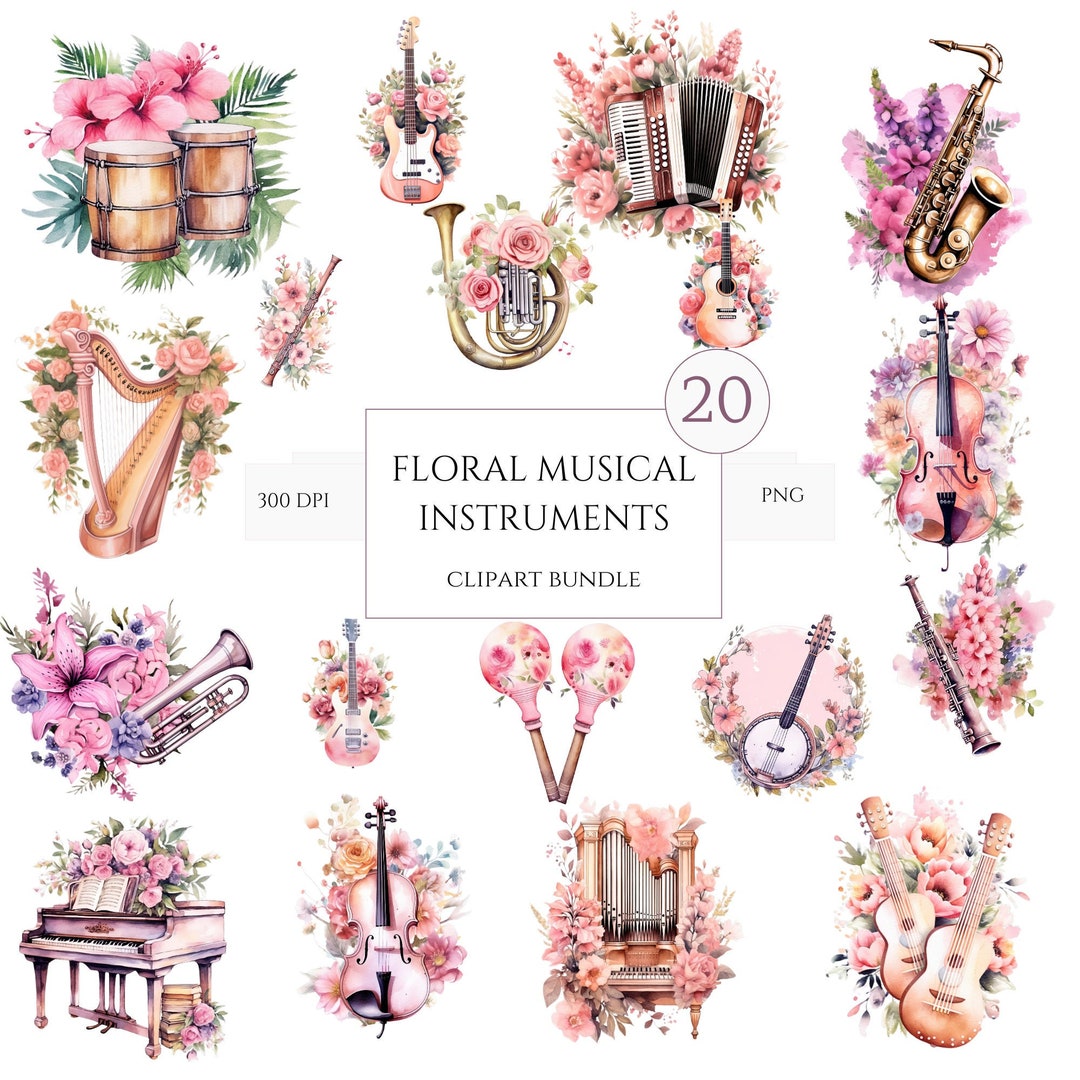 20 PNG Floral Music Clipart, Musical Instruments, Guitar Clipart, Piano ...