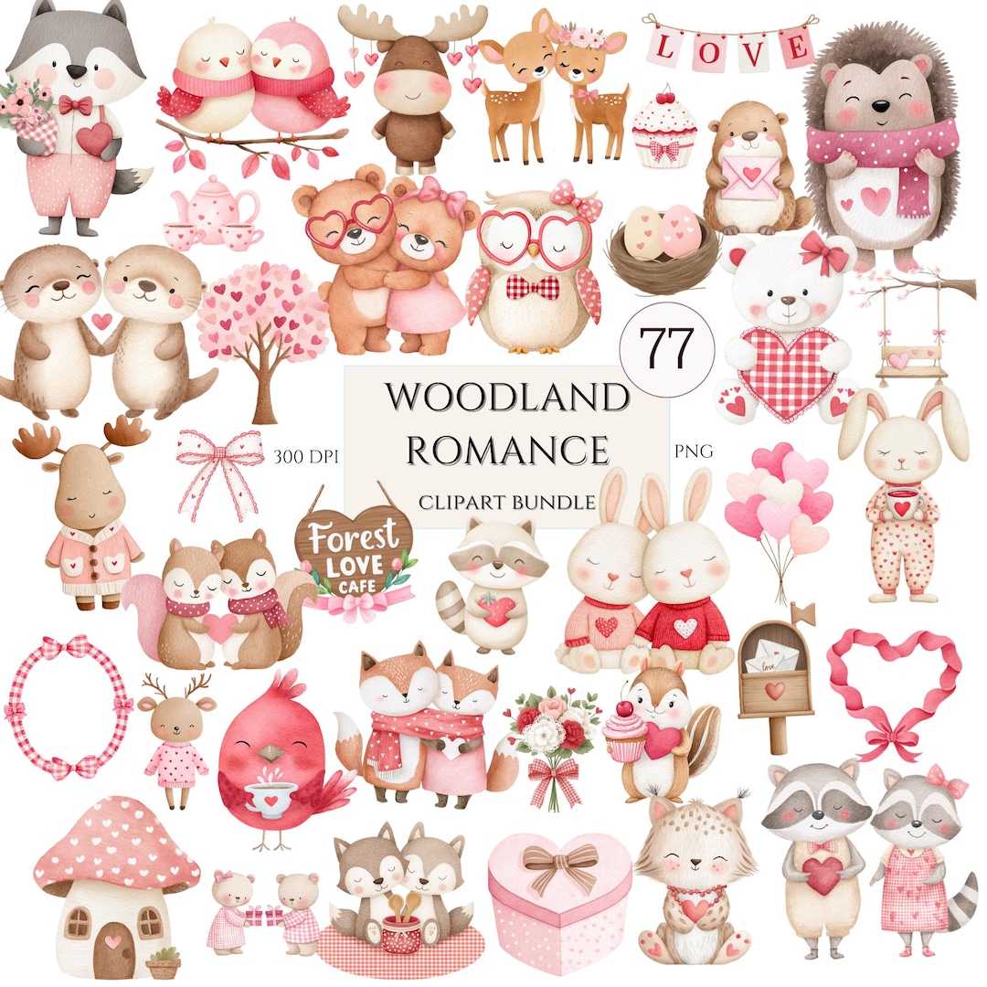 Valentine Woodland Animal Clipart - Watercolor Forest Couples PNG for ...