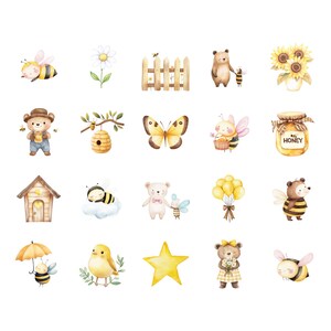 Whimsical Bear and Bee Watercolor Clipart, Cute Honey, Tree & Flower 42 ...