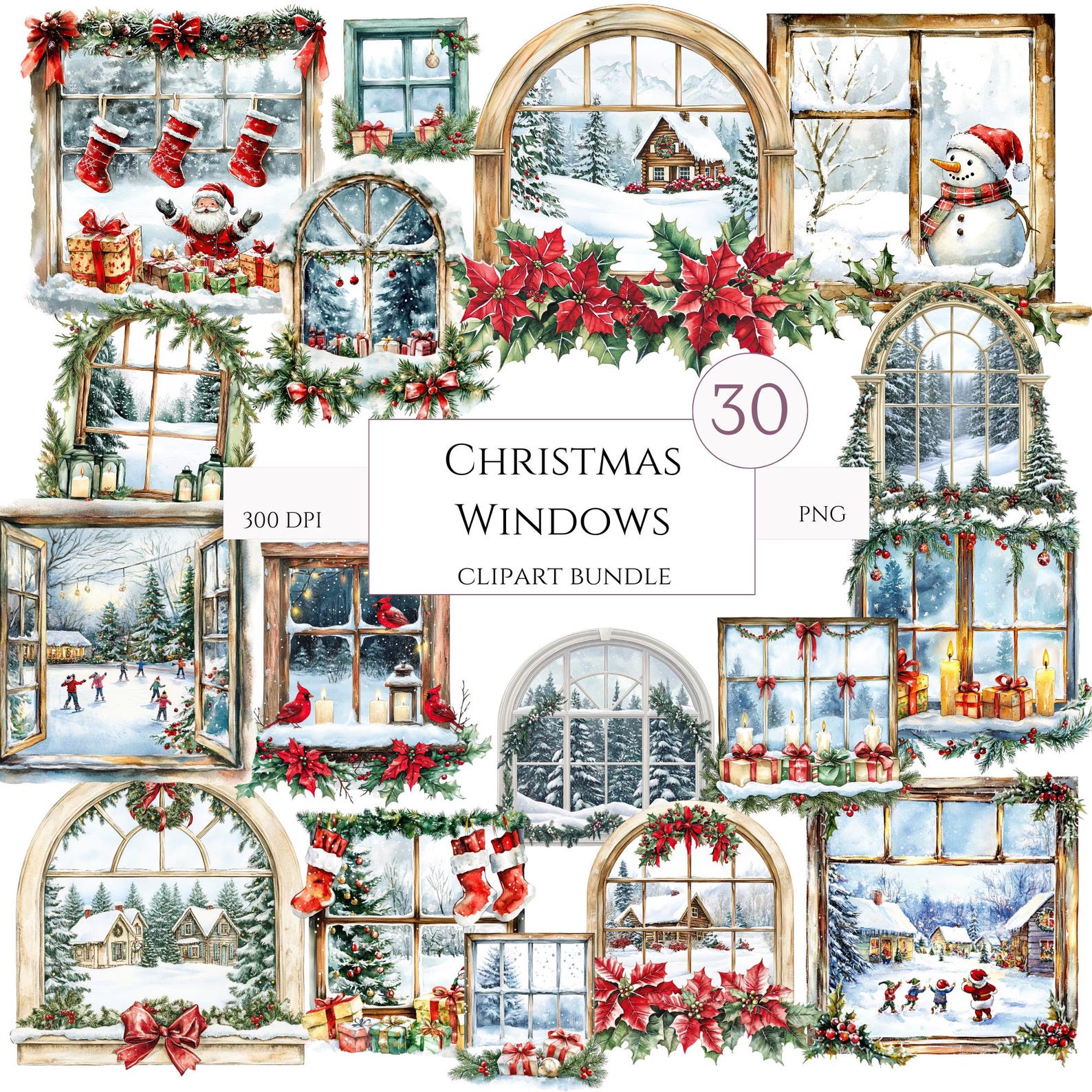 Watercolor Christmas Window PNG Clipart Bundle, Christmas Decorations ...