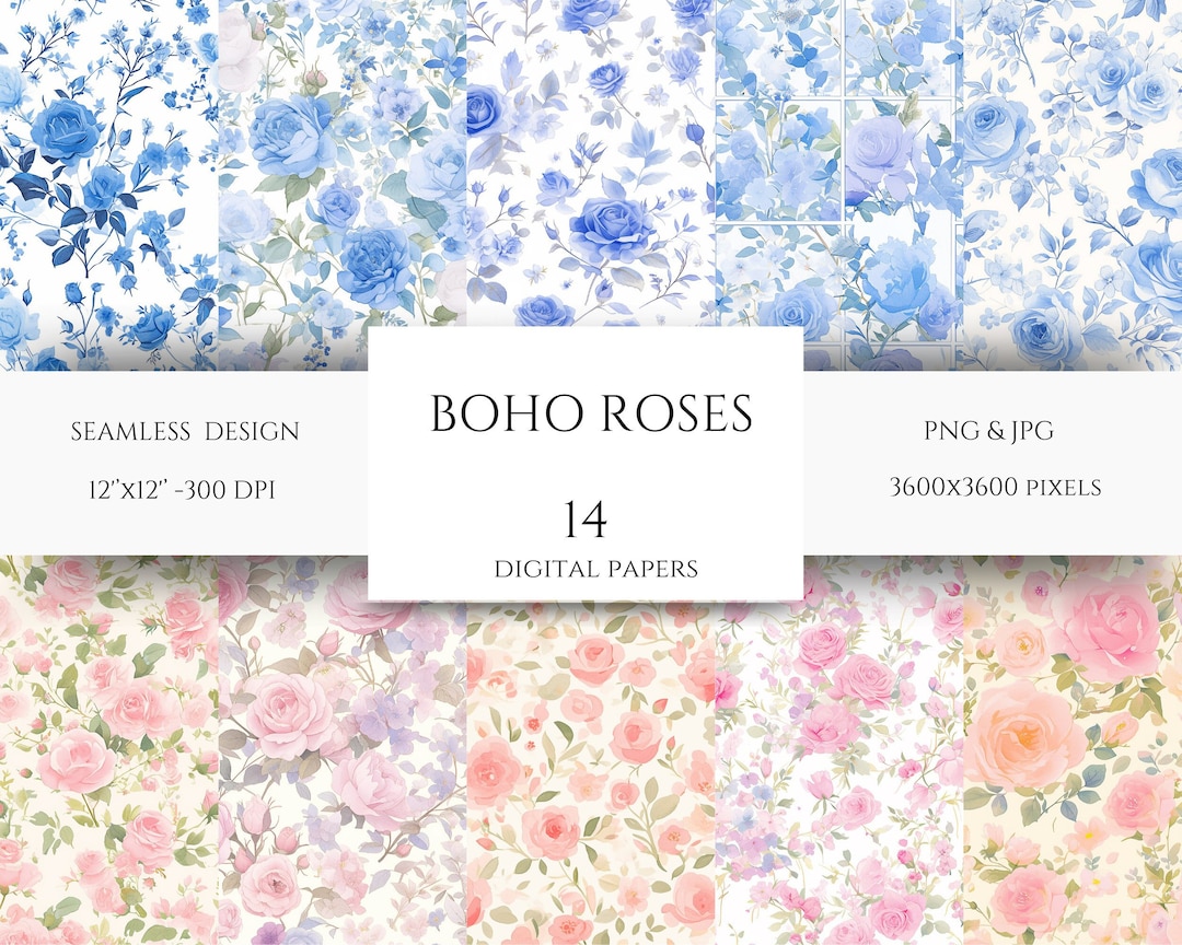 Pastel Pink and Blue Floral Digital Paper, Blush Rose Watercolor ...