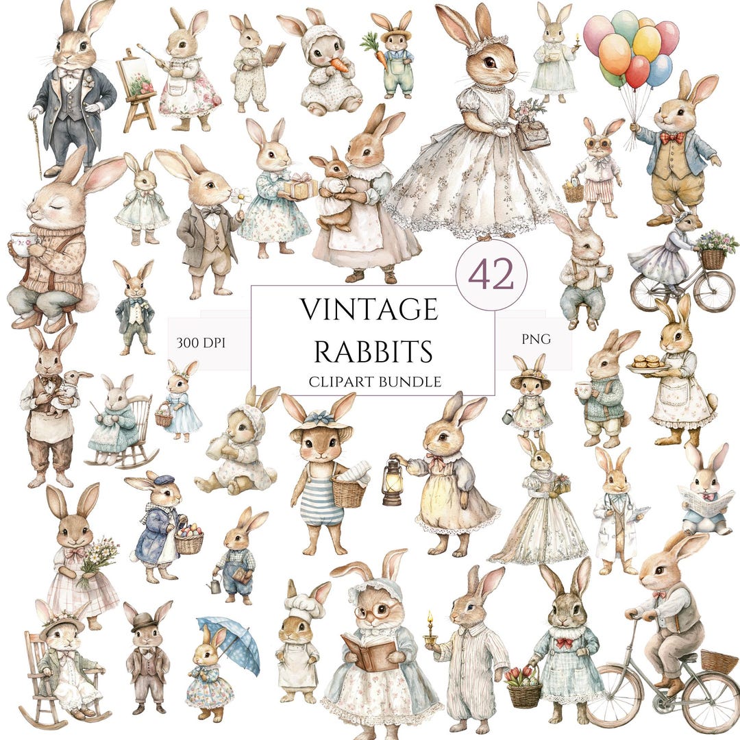 Vintage Easter Bunny Clipart Bundle | Watercolor Farmhouse Bunnies ...