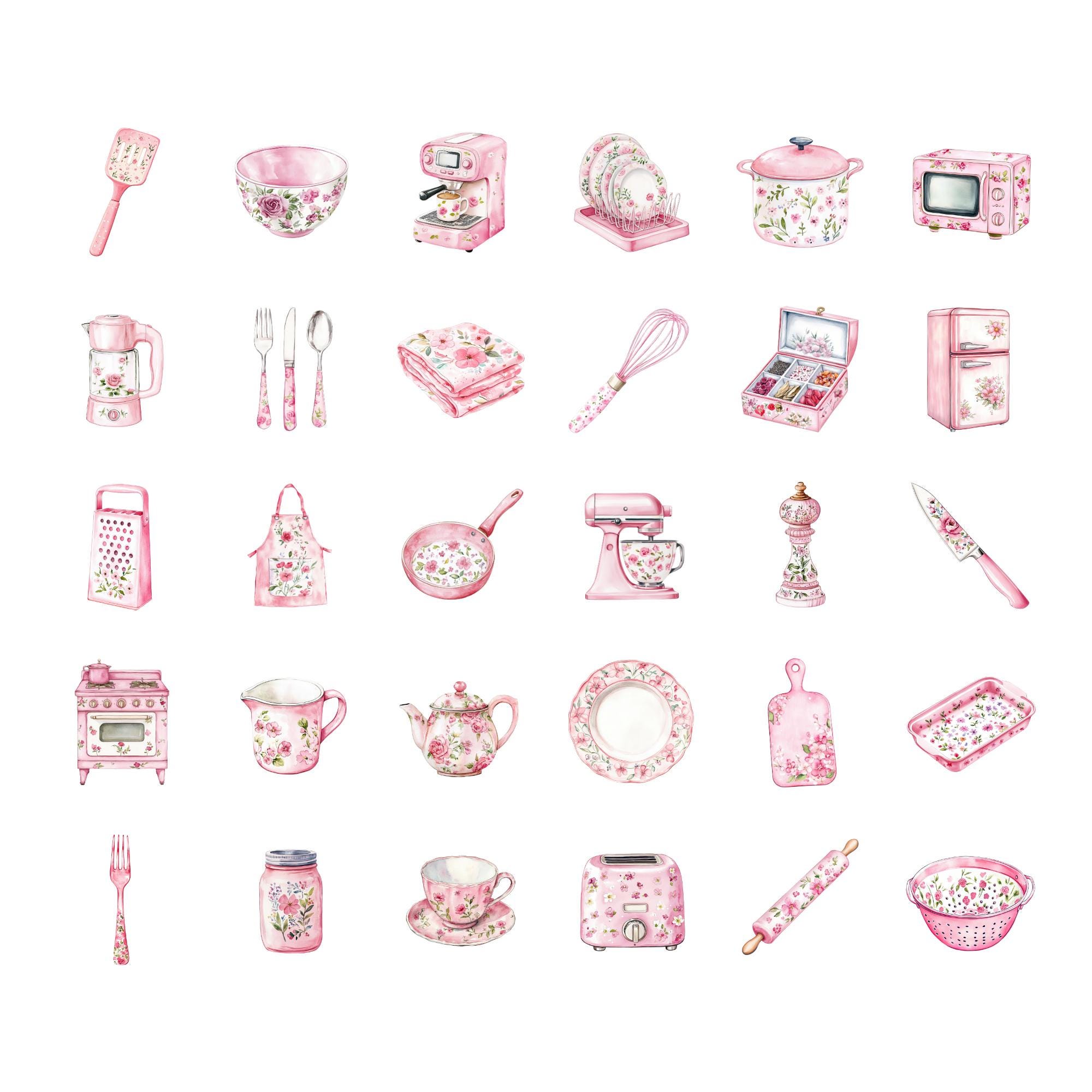 30 PNG Pink Kitchen Clipart, Watercolor Kitchenware Clipart, Shabby ...