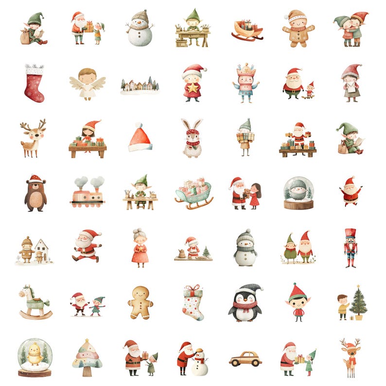 100 Santas Workshop Christmas Watercolor Clipart, PNG, Winter Clipart ...