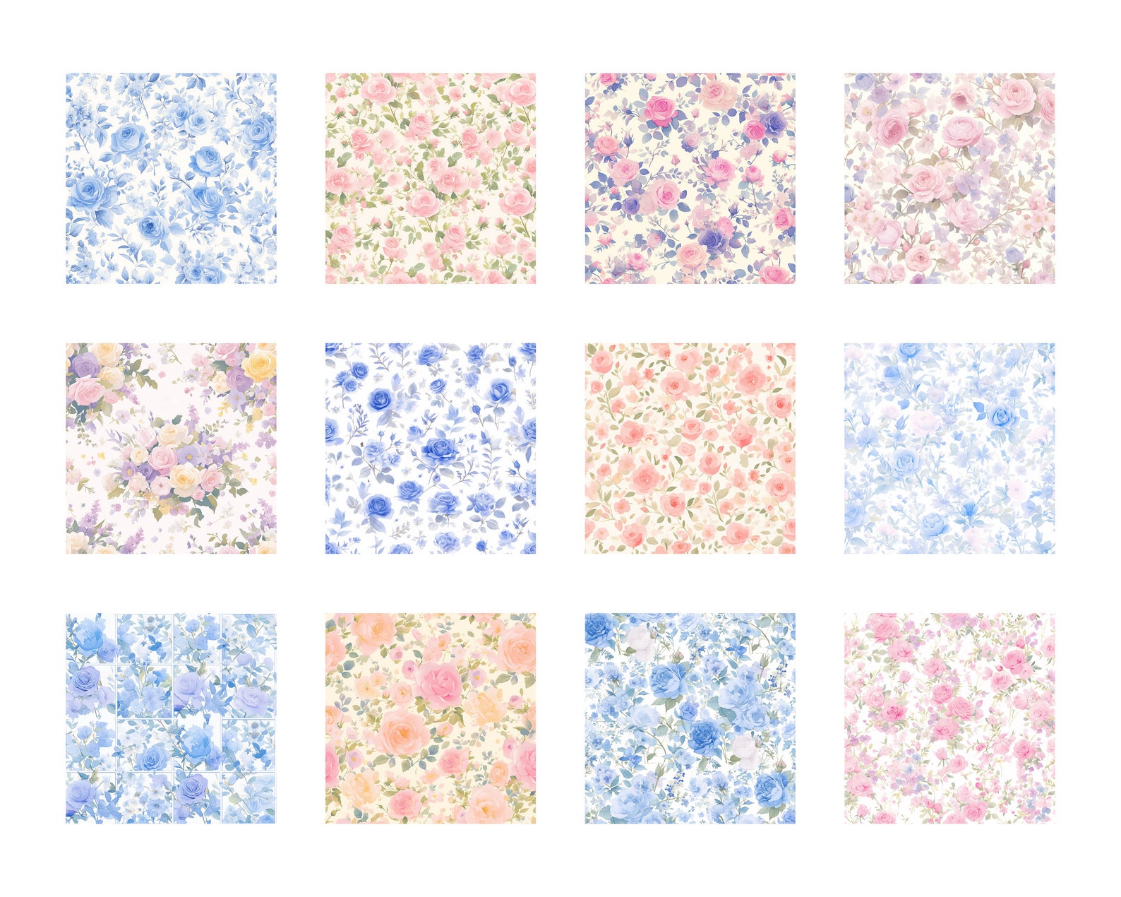 Pastel Pink and Blue Floral Digital Paper, Blush Rose Watercolor ...
