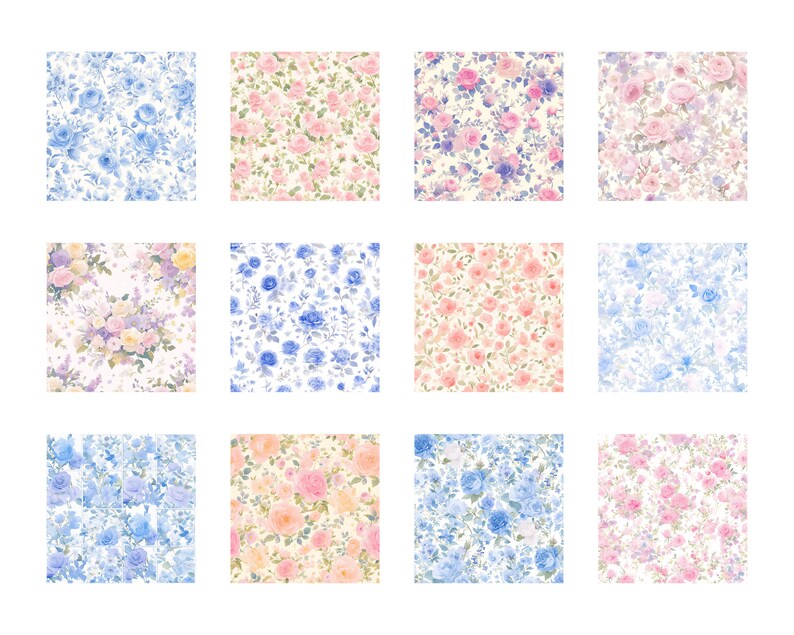 Pastel Pink and Blue Floral Digital Paper, Blush Rose Watercolor ...