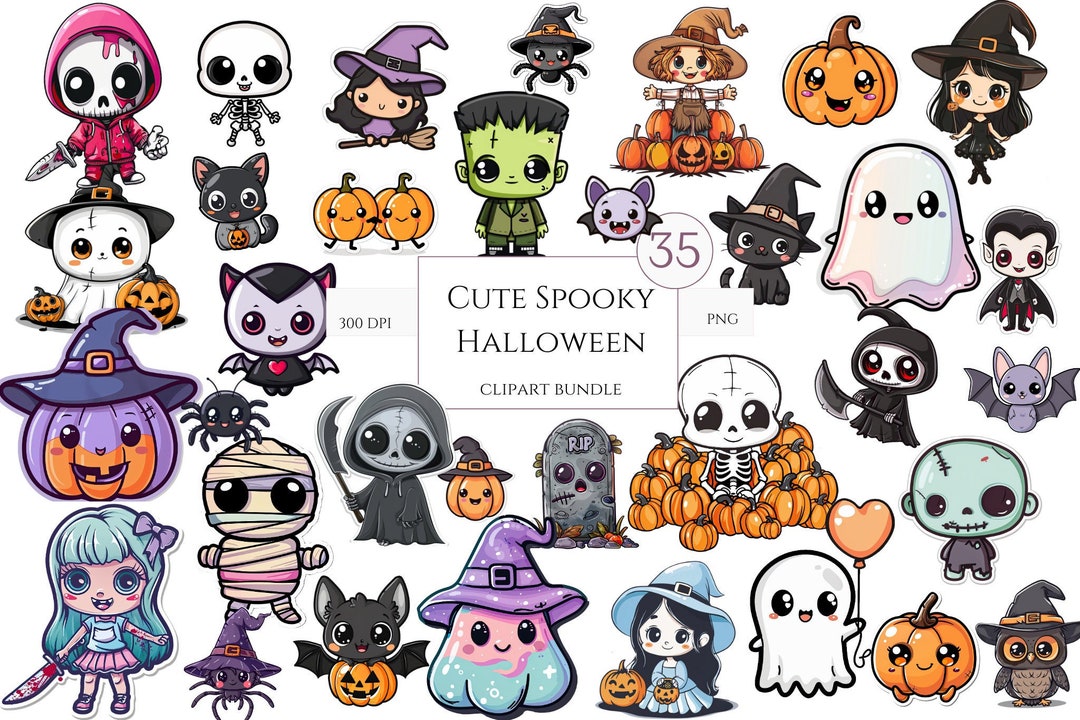 Cute Spooky Cartoon Halloween 35 PNG Clipart Bundle, Pumpkin Stickers ...