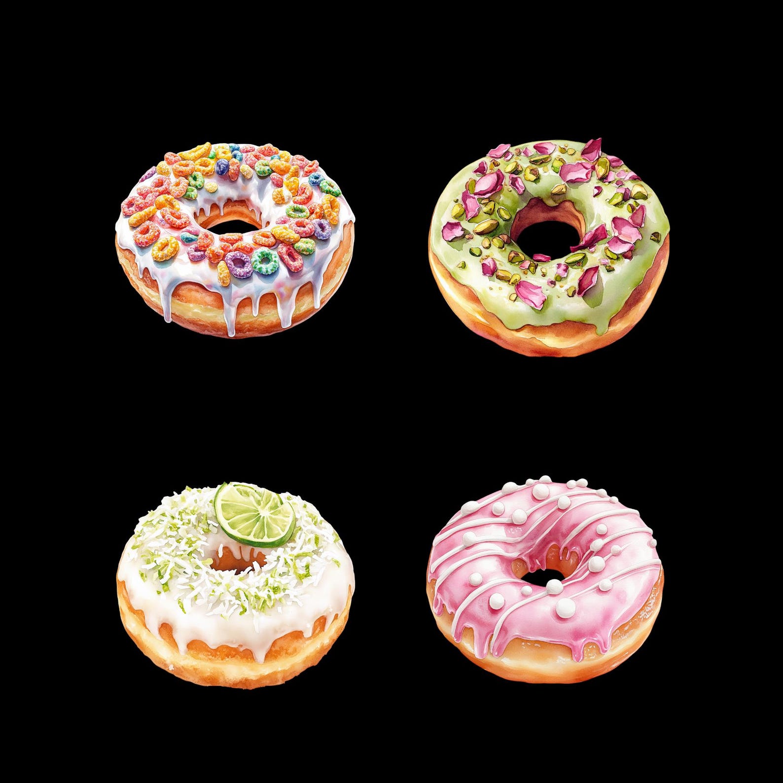 Frosted Donut Watercolor Clipart Set, Yummy Donut 55 PNG Illustrations ...
