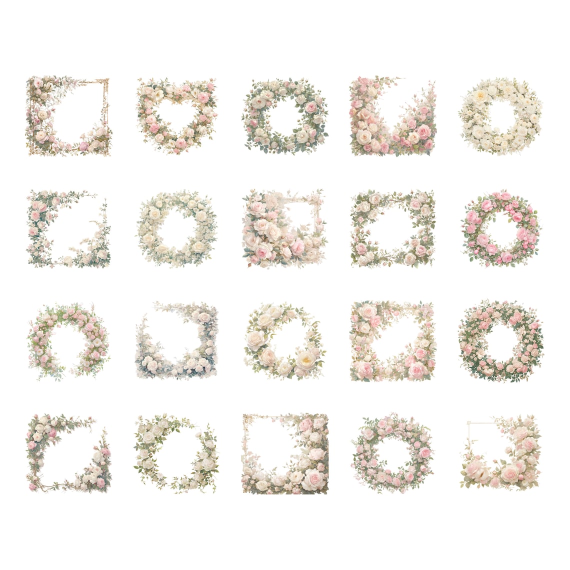 Set of 20, Pink and White Roses Frame Watercolor, Floral Frame Clipart ...