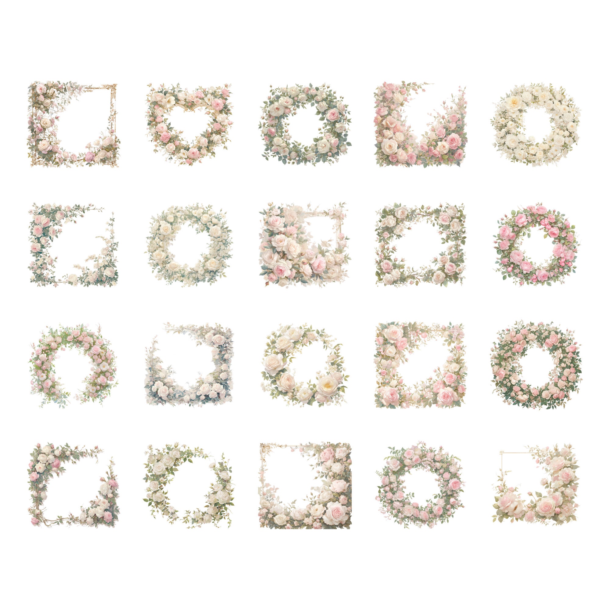 Set of 20, Pink and White Roses Frame Watercolor, Floral Frame Clipart ...