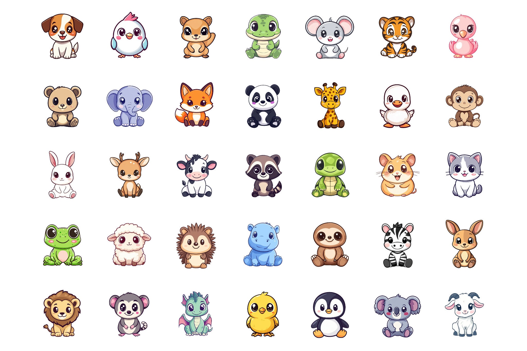 Kawaii Forest, Farm and Safari Animals - 35 PNG Bundle Adorable Baby ...
