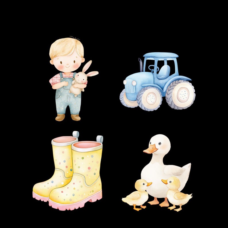 Cute Happy Farm Clipart Bundle, Watercolor Baby Animals, Cottage Farm ...