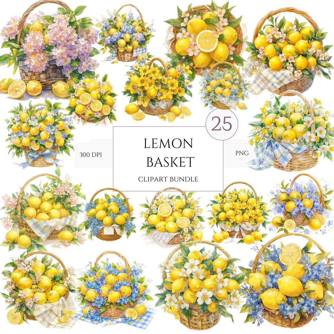 Set of 25, Watercolor Lemons Basket, Lemon Clipart, Citrus Clipart ...