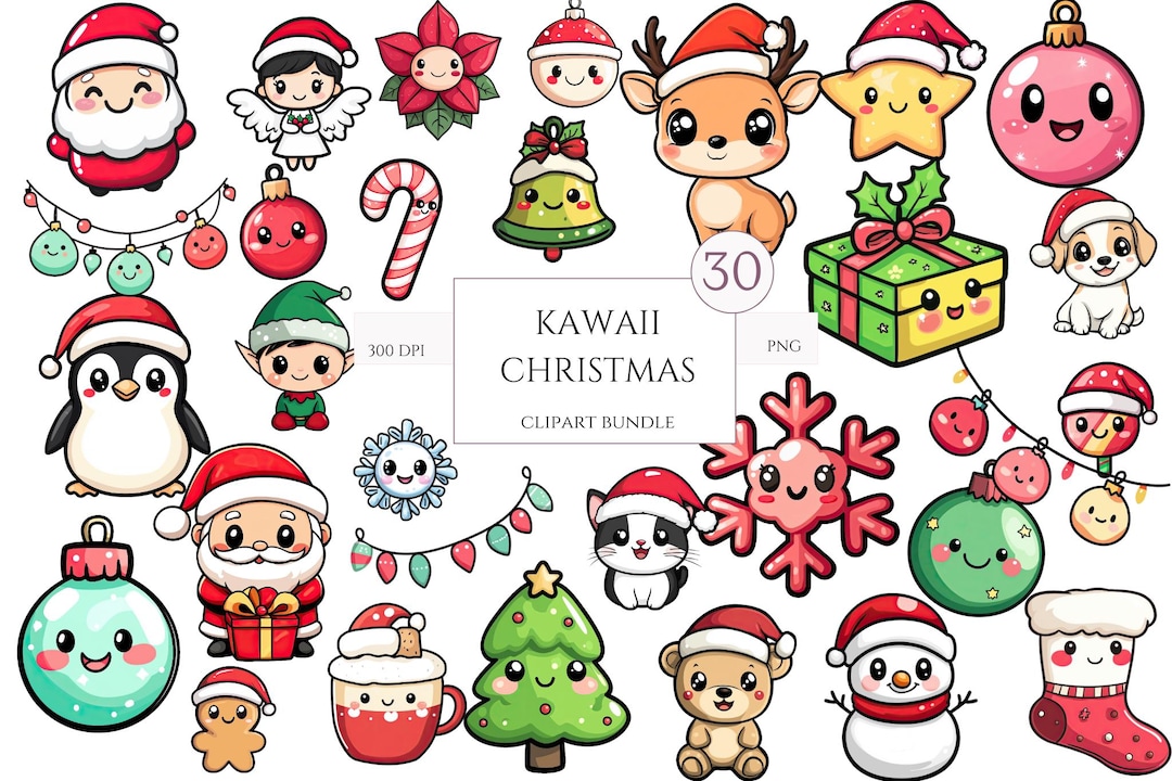 Cute Christmas Clipart Kawaii, PNG Bundle, Christmas Clipart, Cute ...