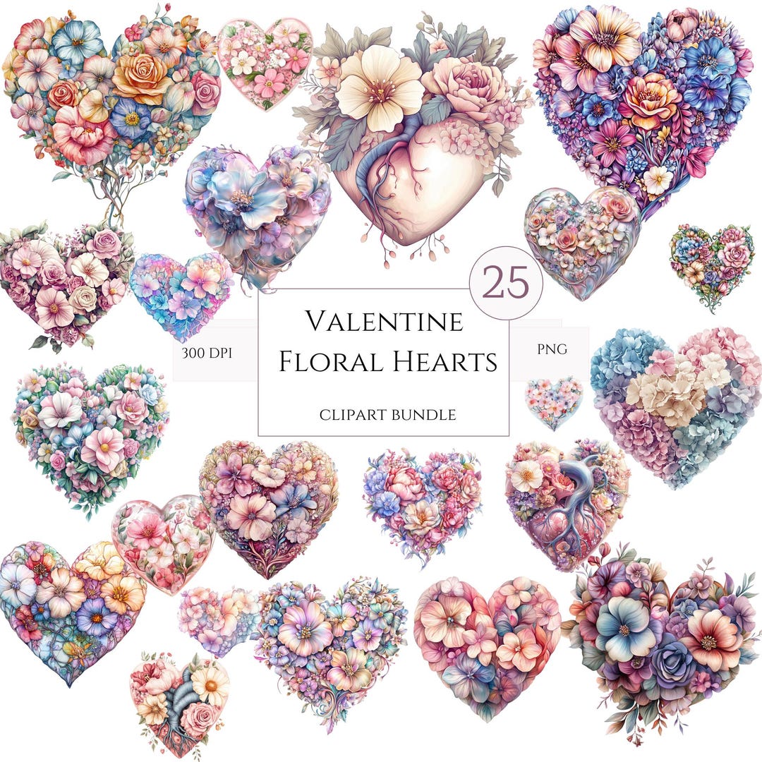 Watercolor Flower Heart Clipart, 25 High Quality Pngs, Heart Flowers ...