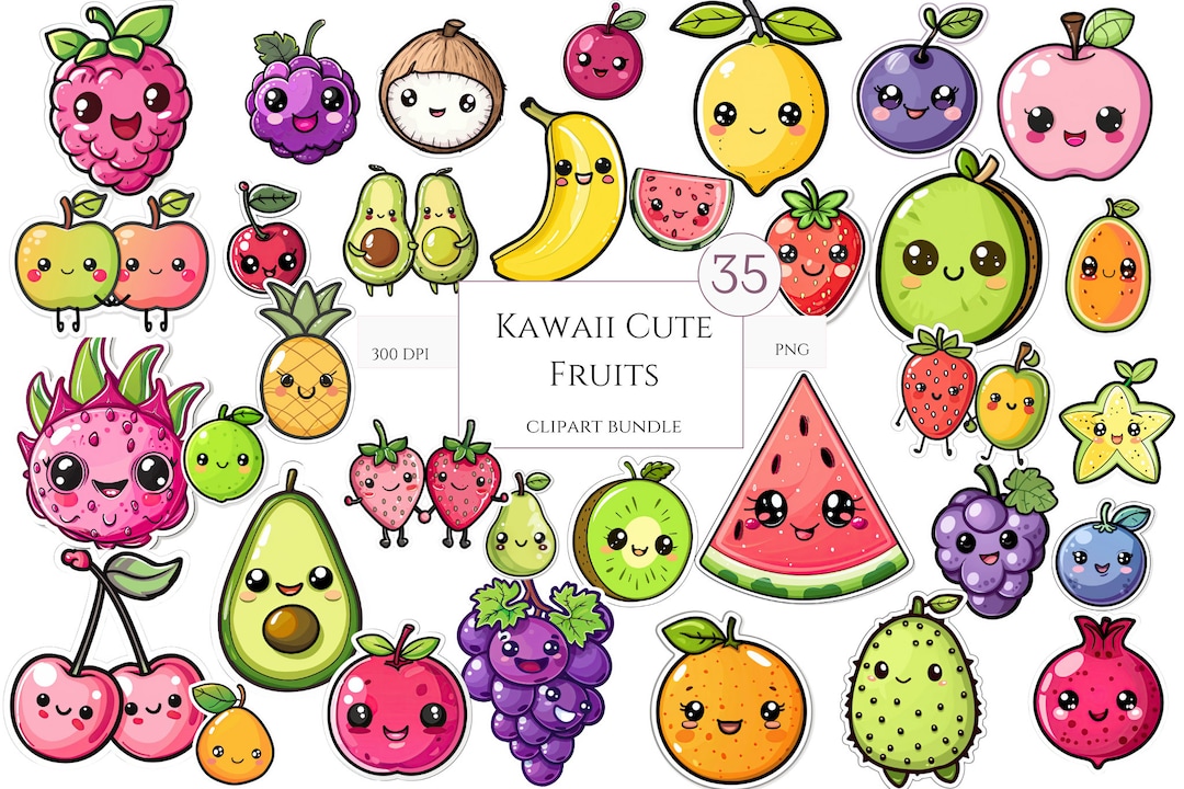 35 Cute Kawaii Fruit Clip Art PNG Bundle | Digital Download | Cute ...