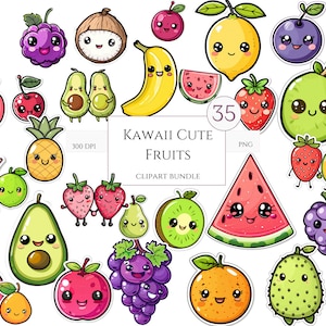 35 Cute Kawaii Fruit Clip Art PNG Bundle | Digital Download | Cute ...