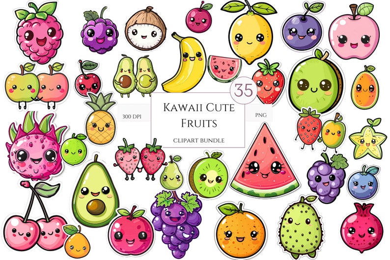 35 Cute Kawaii Fruit Clip Art PNG Bundle | Digital Download | Cute ...