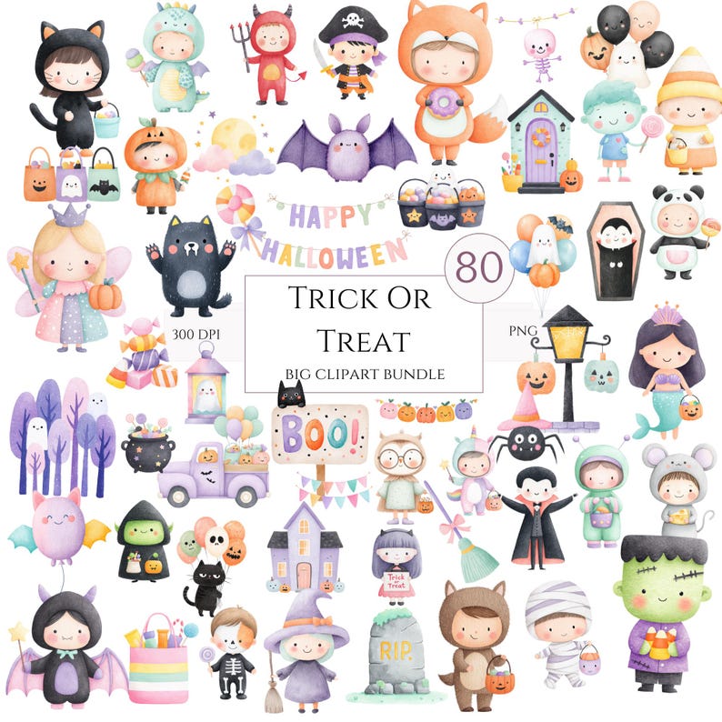 Cute Halloween Clipart Set - Trick or Treat Kids Costumes PNG, Spooky ...