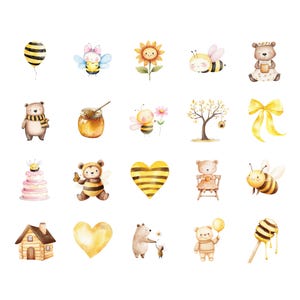 Whimsical Bear and Bee Watercolor Clipart, Cute Honey, Tree & Flower 42 ...