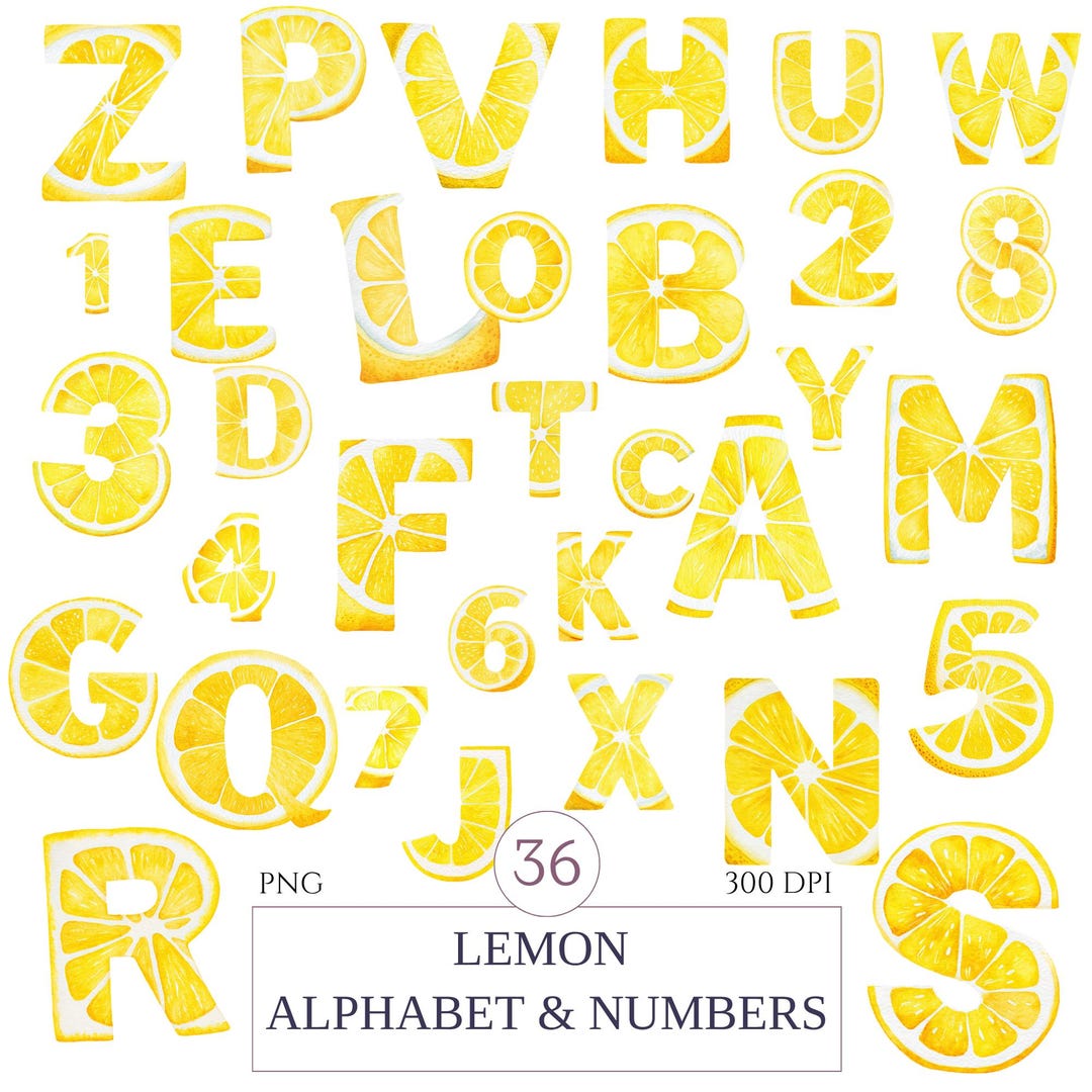 Lemon Alphabet Clipart, Watercolor Citrus Letters and Numbers PNG ...