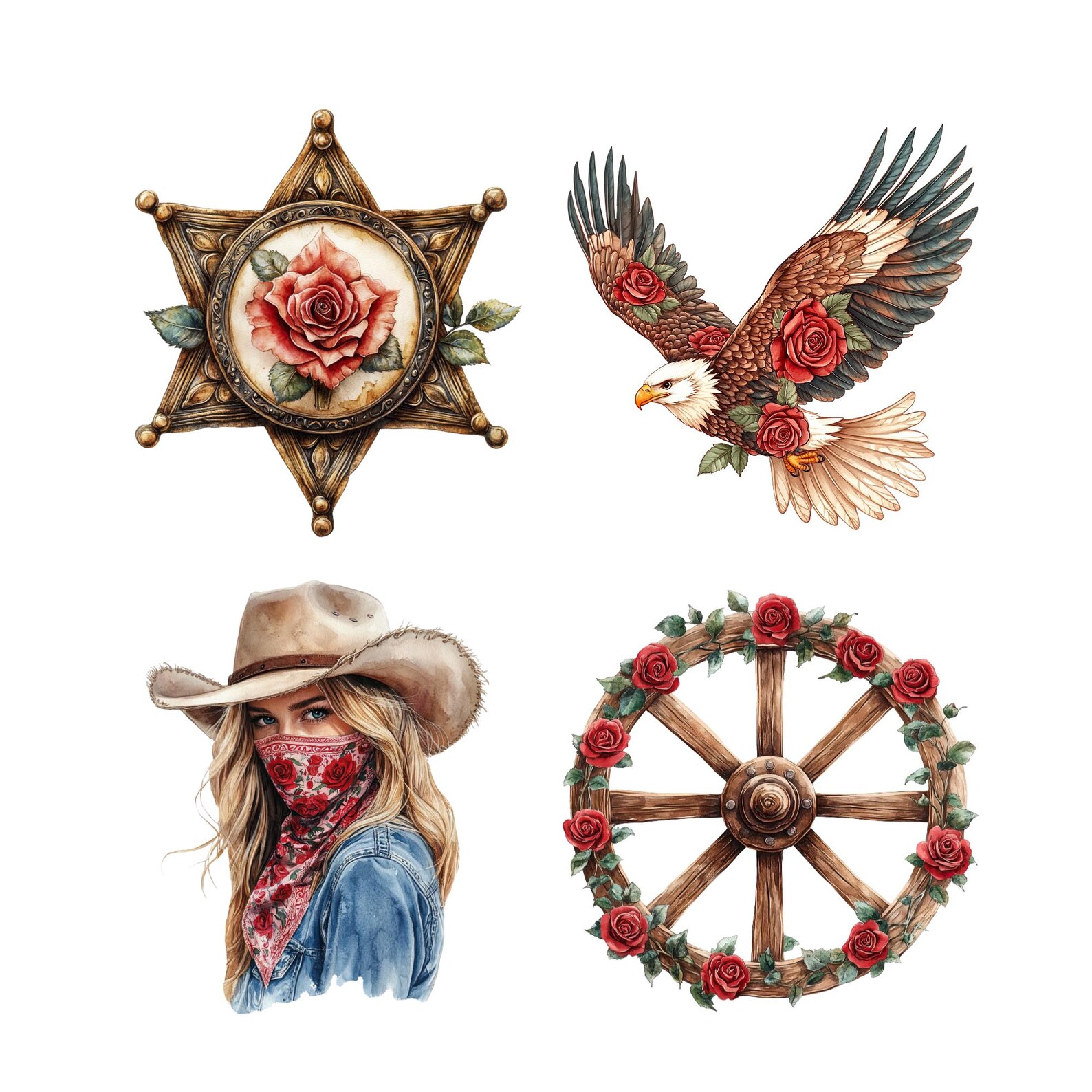 Western Red Roses Clipart Bundle, 35 Watercolor PNG, Cowboy Hat, Boots ...