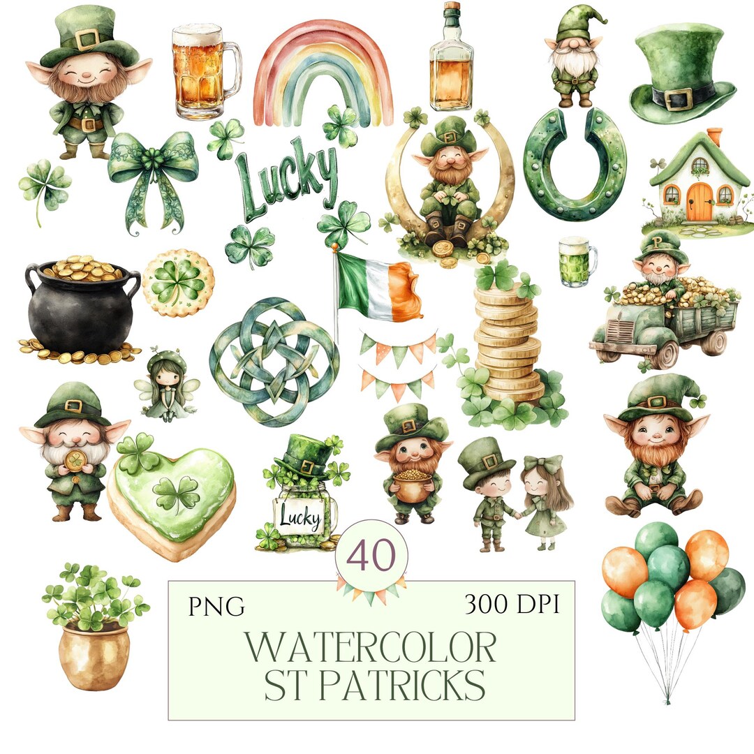 Watercolor St. Patrick’s Day Clipart, Cute Leprechaun, Shamrock ...