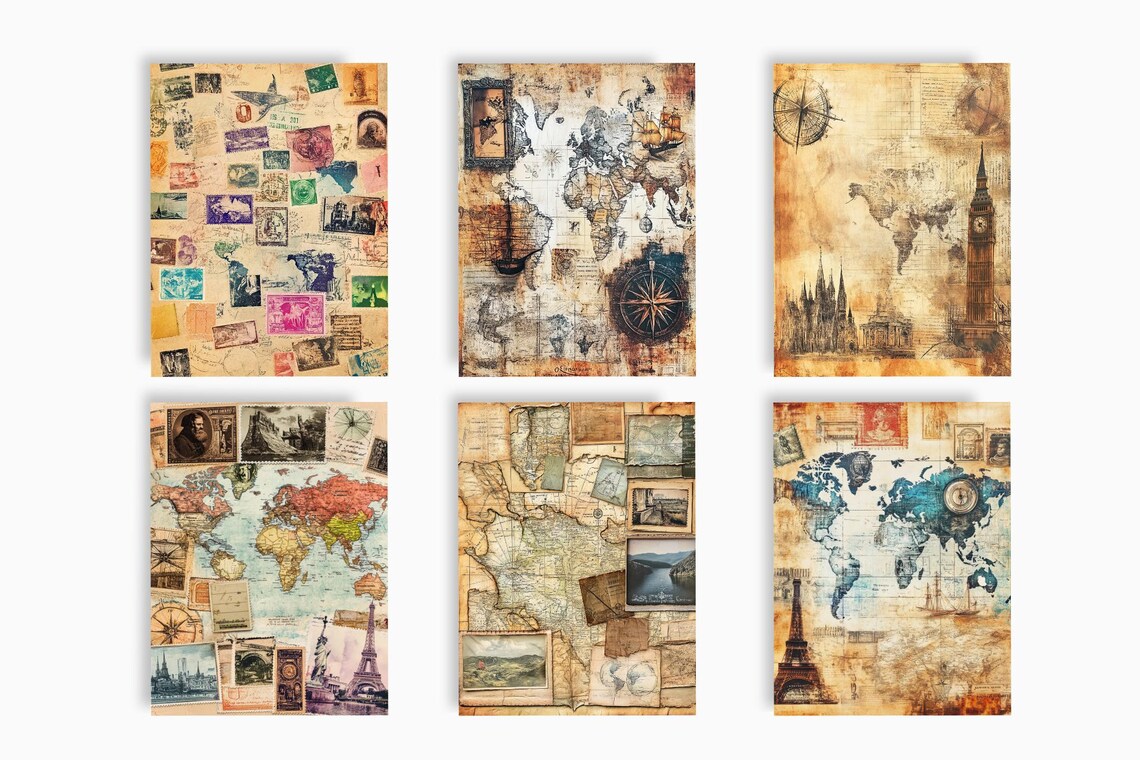 Travel Documents Digital Papers, Vintage Maps Scrapbook Paper Kit ...