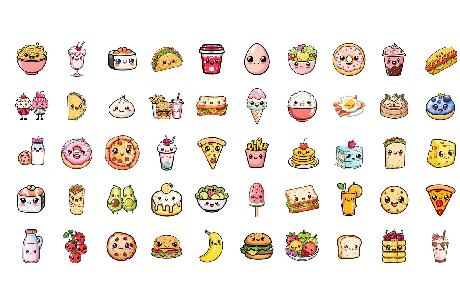 50 Cute Kawaii Food Clip Art PNG Bundle Kawaii Breakfast Kawaii Street ...