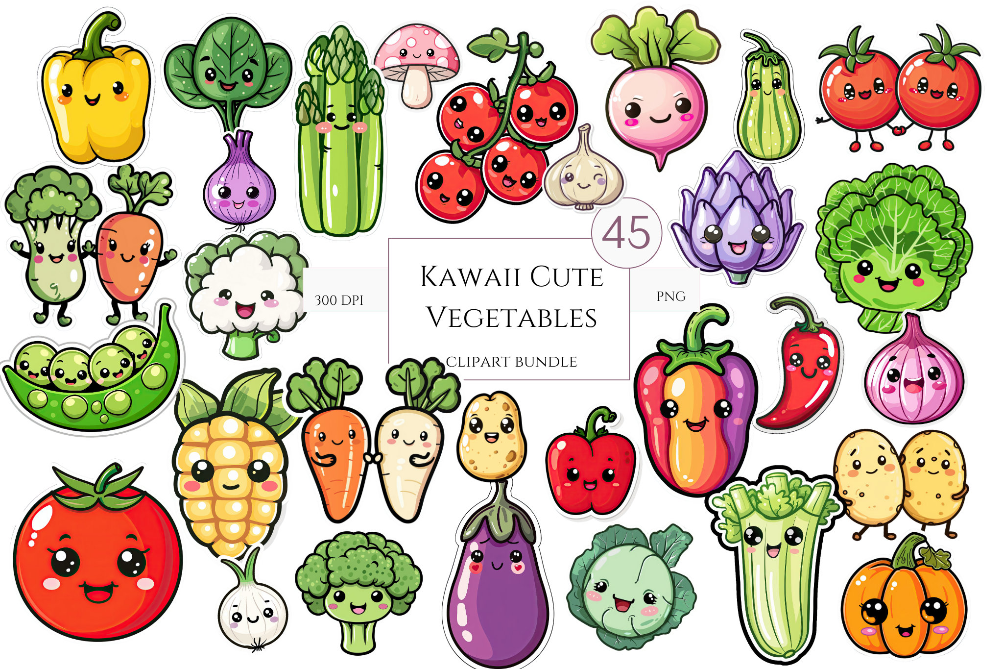 45 Cute Kawaii Vegetables and Greens Clip Art PNG Bundle | Digital ...