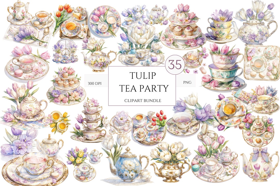 35 PNG Watercolor Vintage Tulip Tea Time Clipart, Pastel Tea Clipart ...