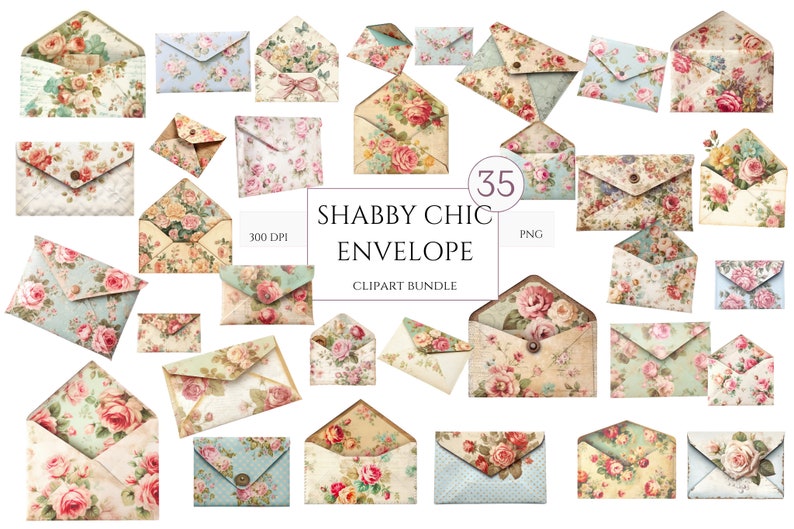 35 Shabby Rose Envelopes Clipart , Retro Allure, Vintage Envelope Clipart for Junk Journal ...