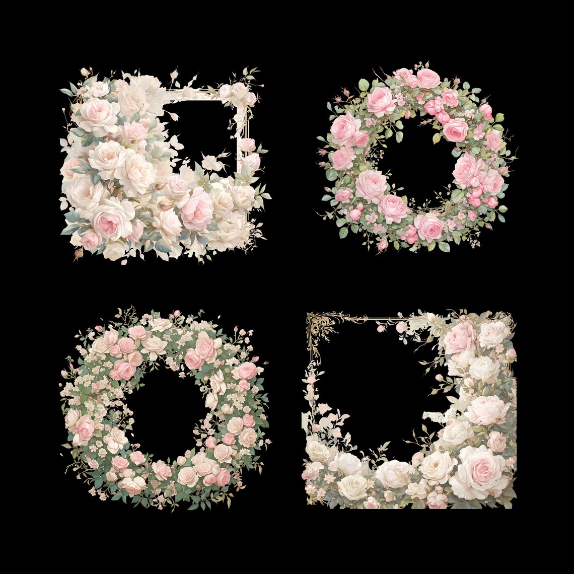Set of 20, Pink and White Roses Frame Watercolor, Floral Frame Clipart ...